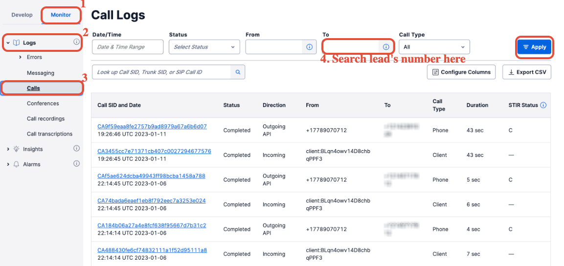 How to check logs for a specific Call in Twilio – Knowledge Base