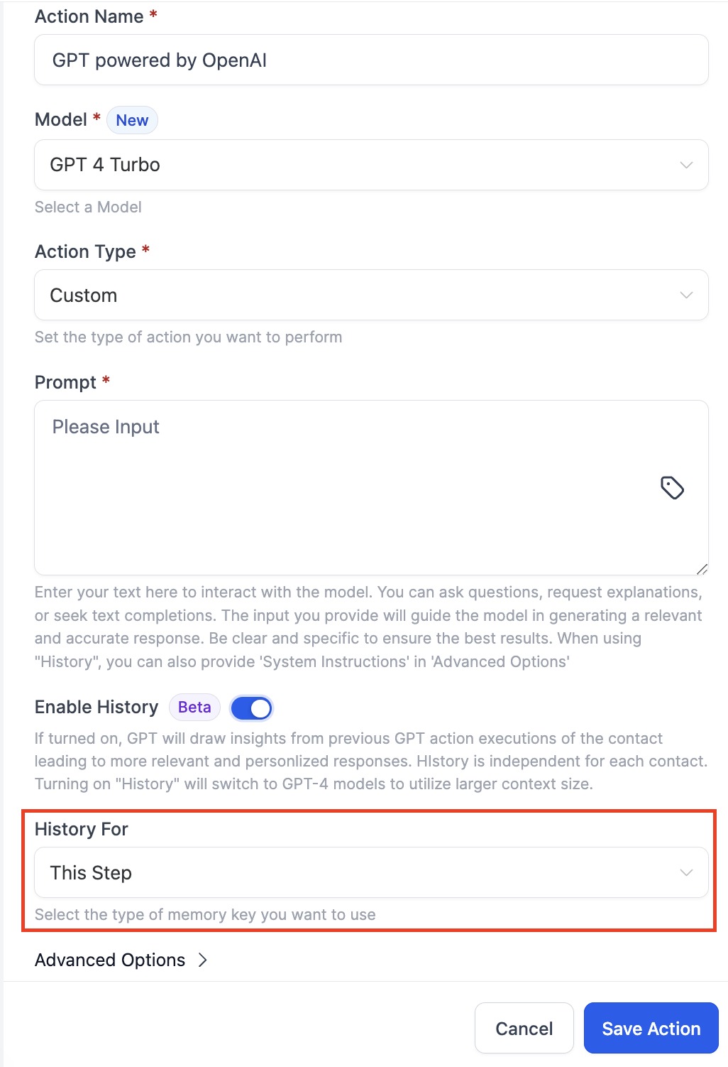 Workflow Action - GPT History – Knowledge Base